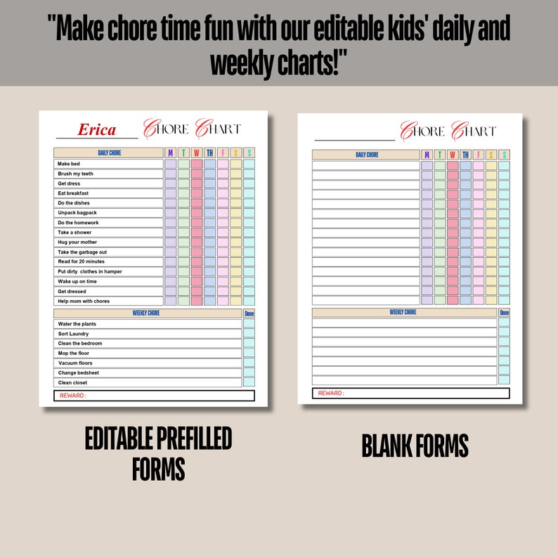 Editable Chore Chart for Kids, Kids Daily Weekly Responsibility Chart ...