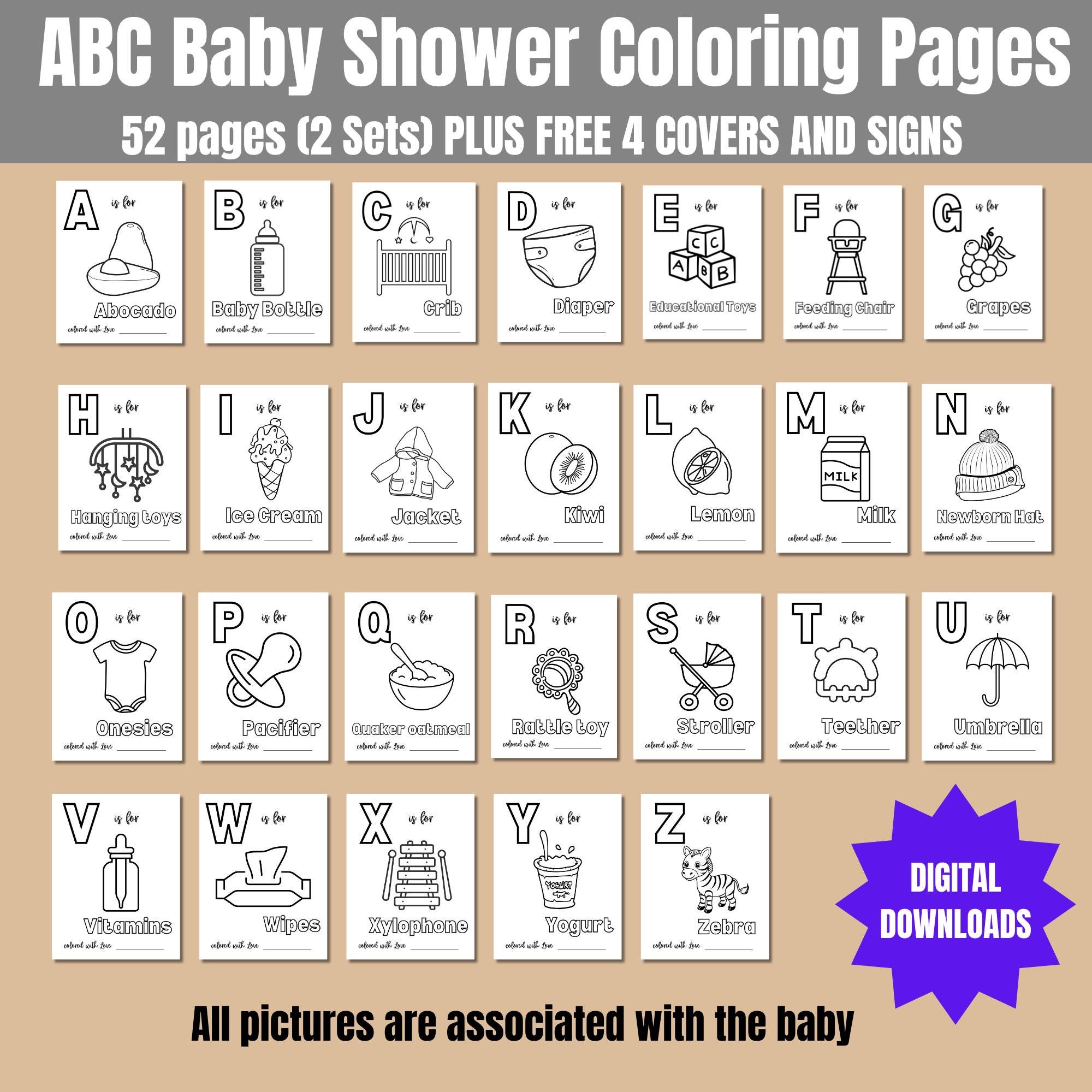 ABC Coloring Book Baby Shower Game, Baby Shower Game Bundle, Baby ...