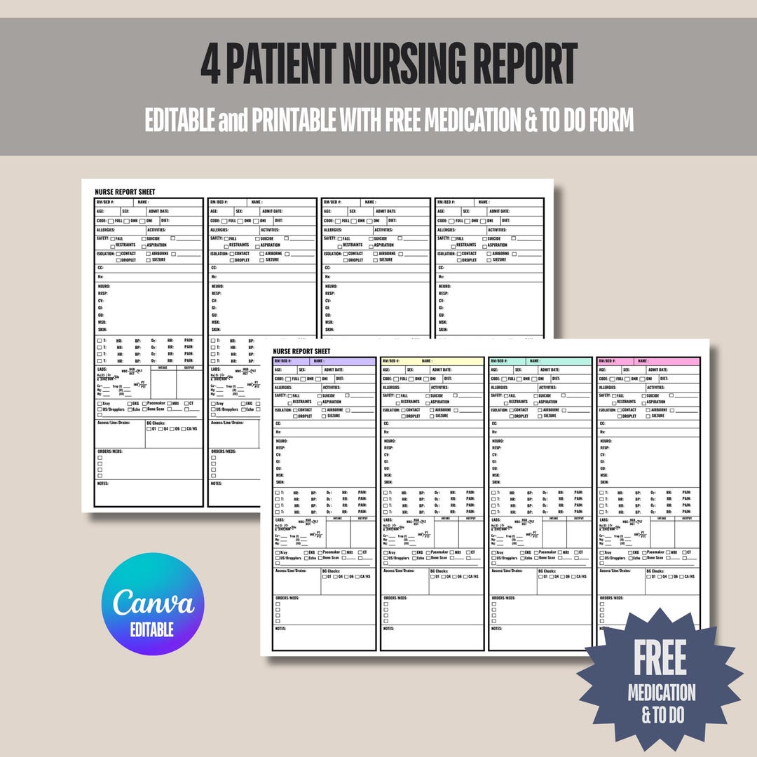 4 Patients Nurse ER Report Sheet , Editable Med Surg Nursing Brain ...