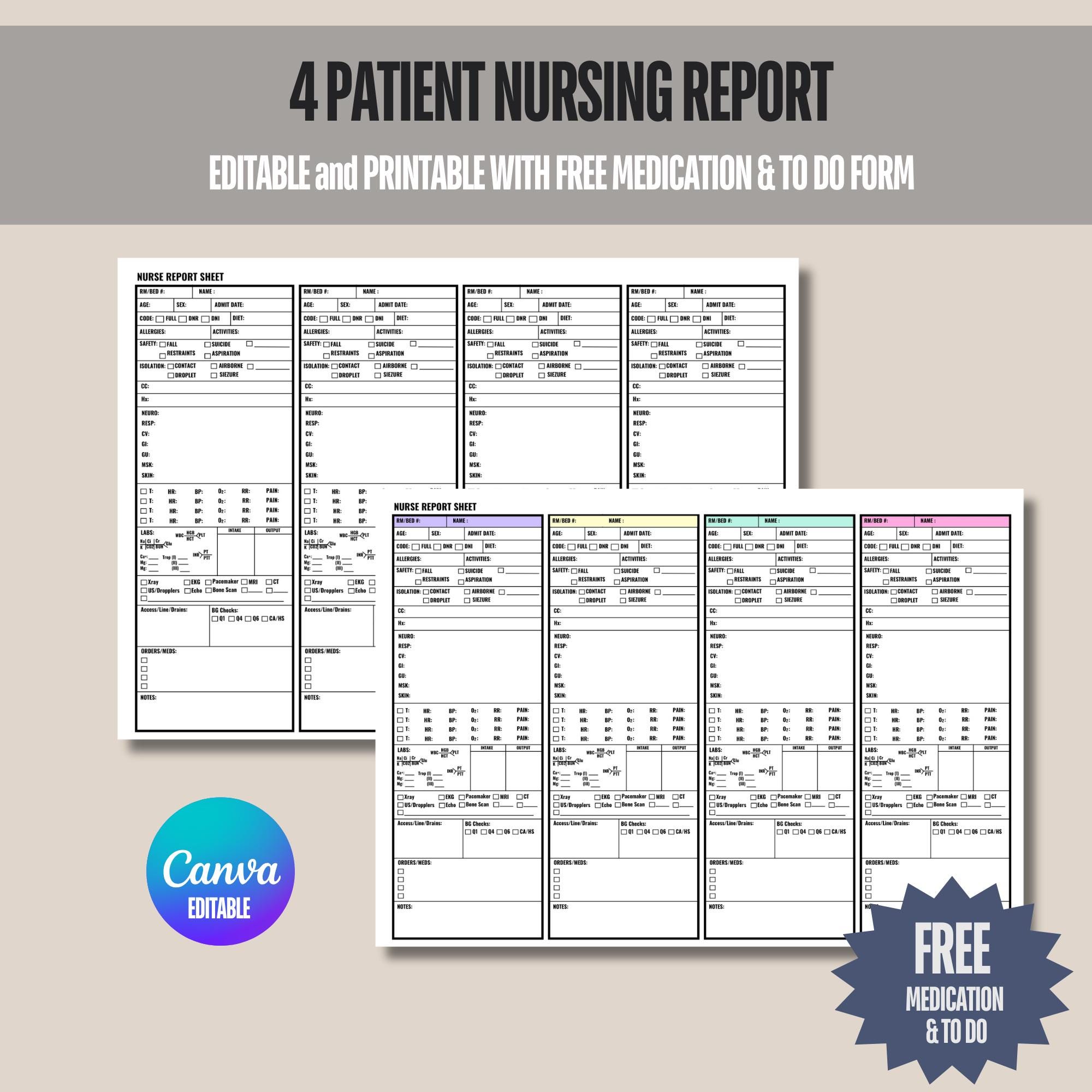 4 Patients Nurse ER Report Sheet , Editable Med Surg Nursing Brain ...