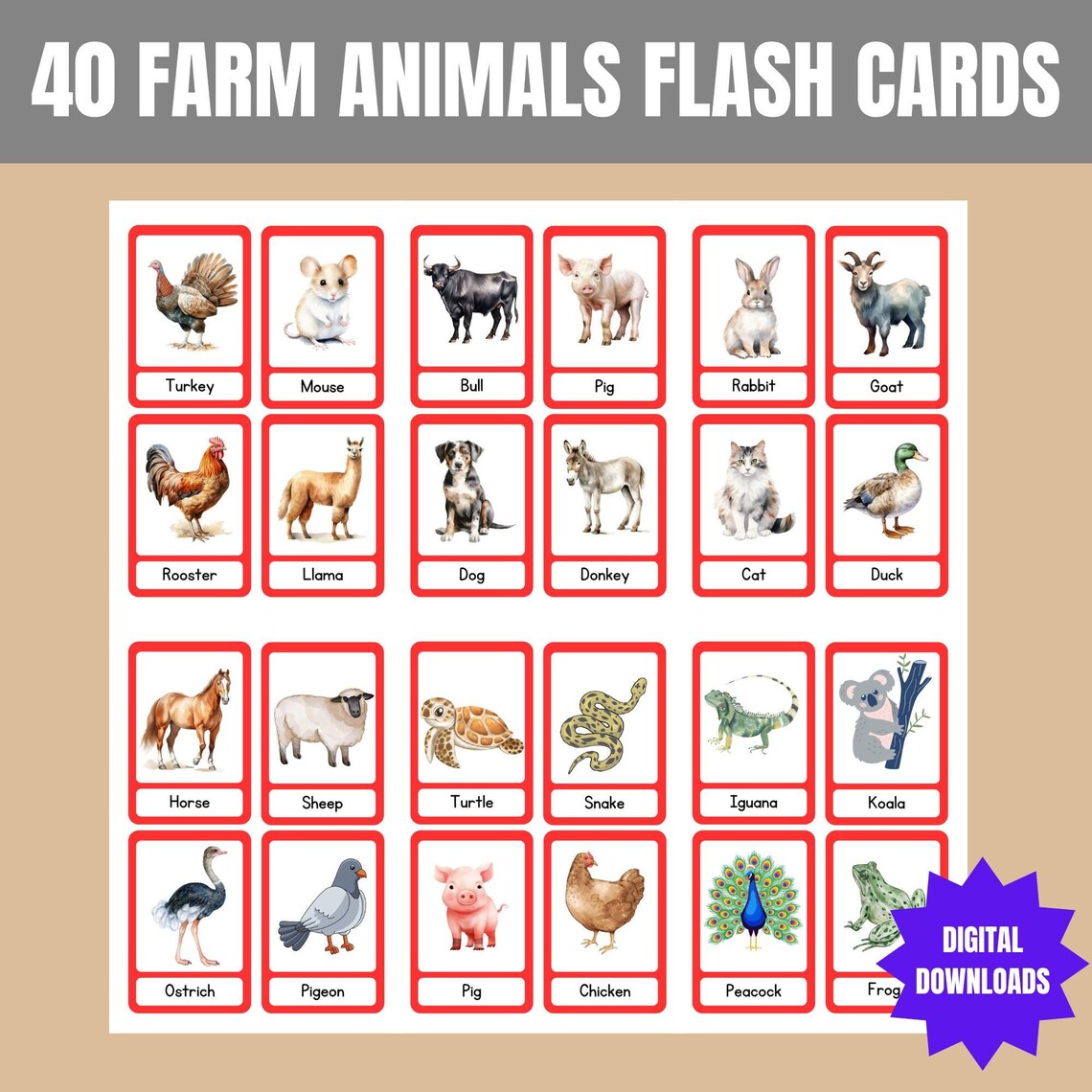 Farm Animals Flash Cards, Montessori Flash Cards, Educational Preschool ...