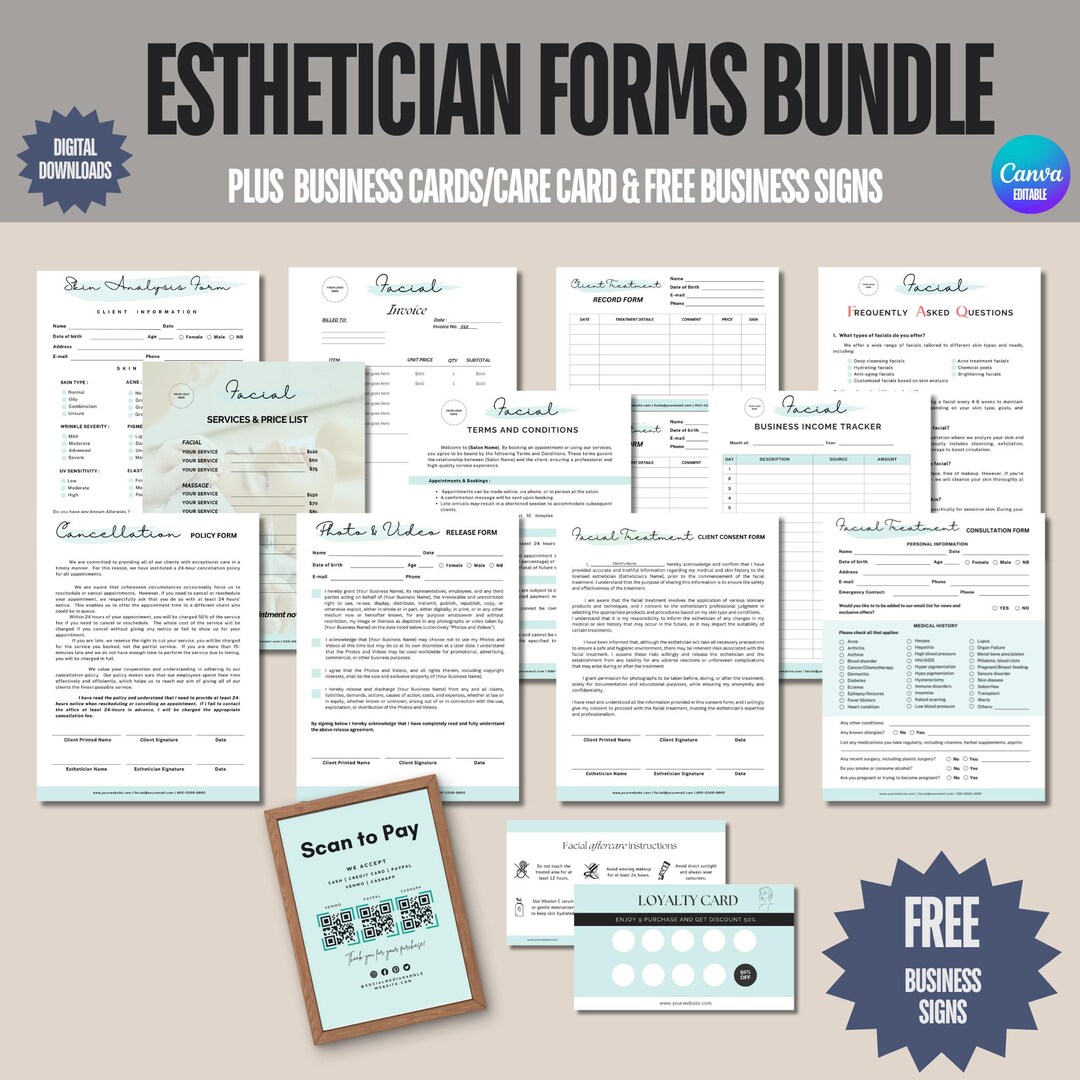 Editable Esthetician Templates, Facial Treatment Forms Bundle ...