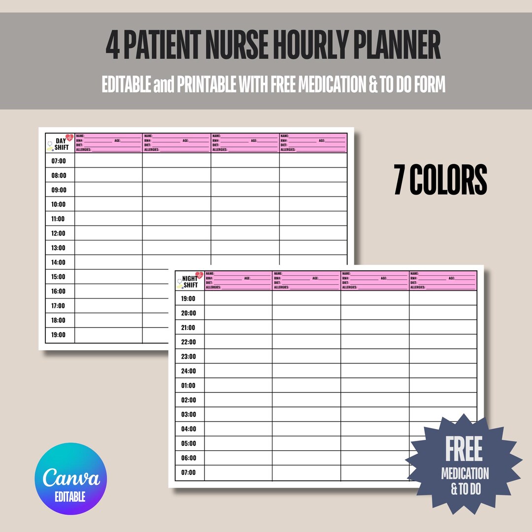 Hourly Nurse Shift Planner, Nurse Hourly To-do Planner, 4 Patient ...