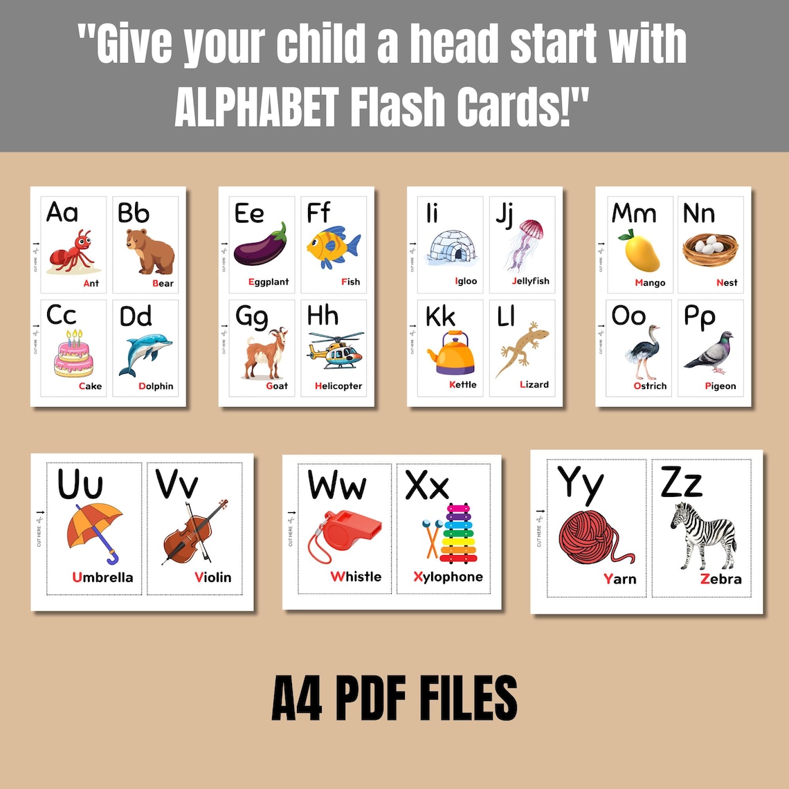 Printable Alphabet Flash Cards, Toddlers Preschool Early Learning ...