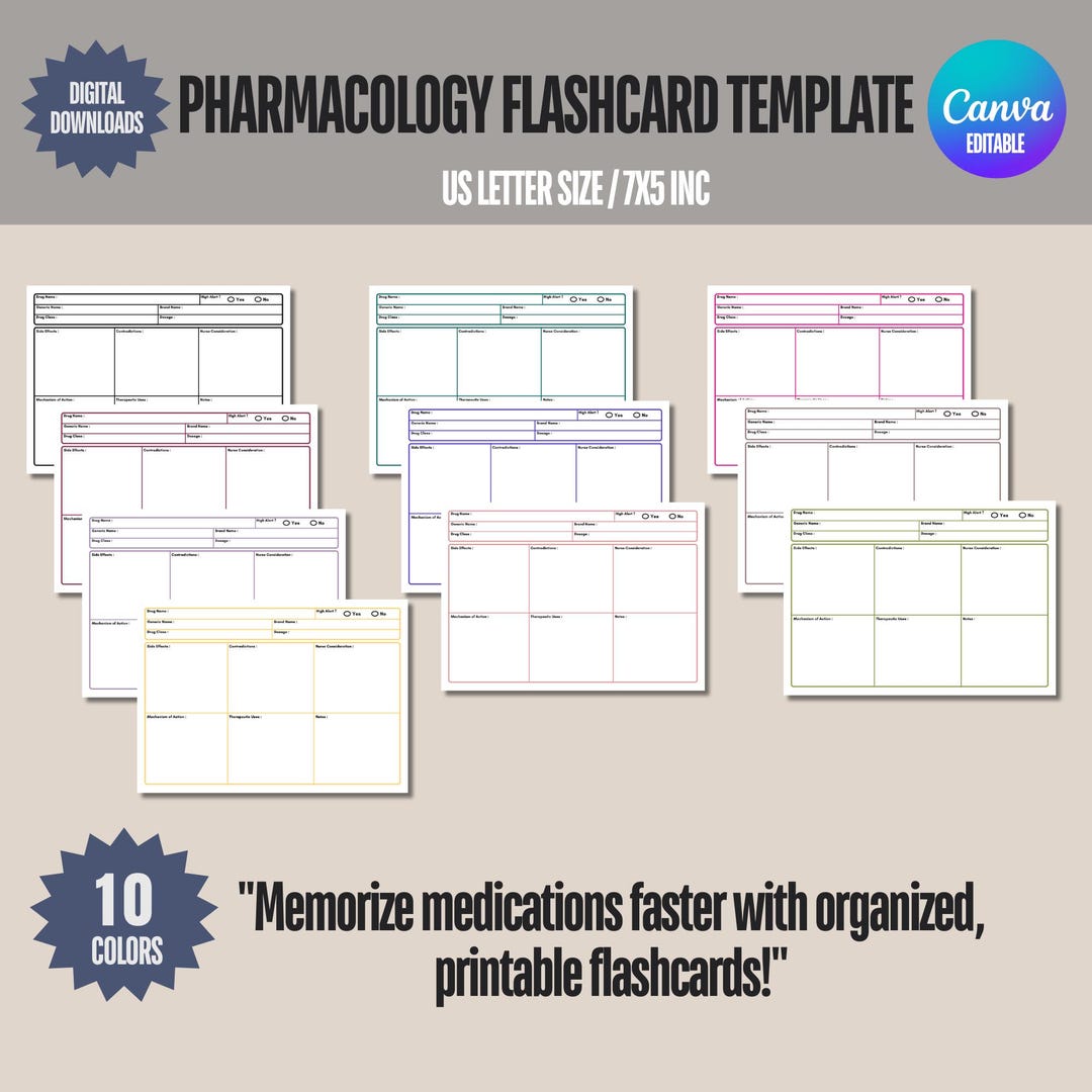 Pharmacology Flashcard Template for Nursing Student, Drug Flashcard ...