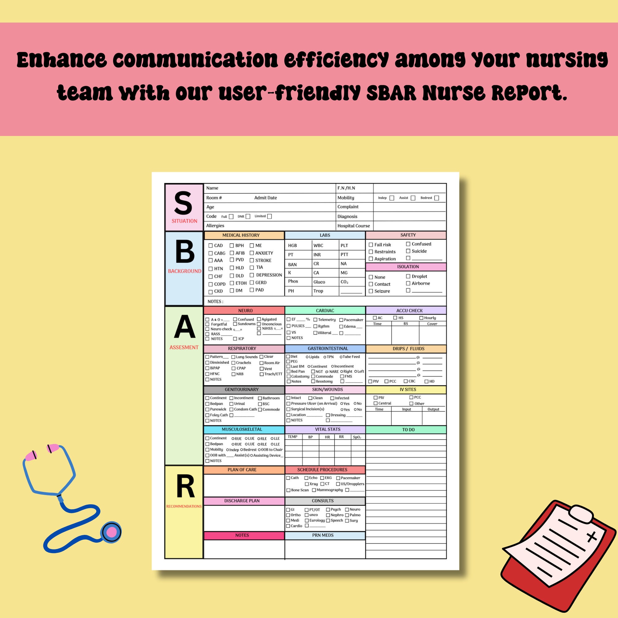 SBAR Nurse Report Sheet, Editable Med Surg Nurse Brain ICU Report Sheet ...
