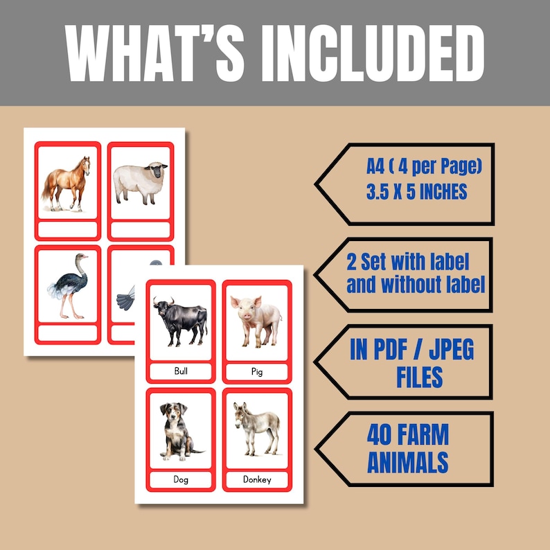 Farm Animals Flash Cards, Montessori Flash Cards, Educational Preschool ...