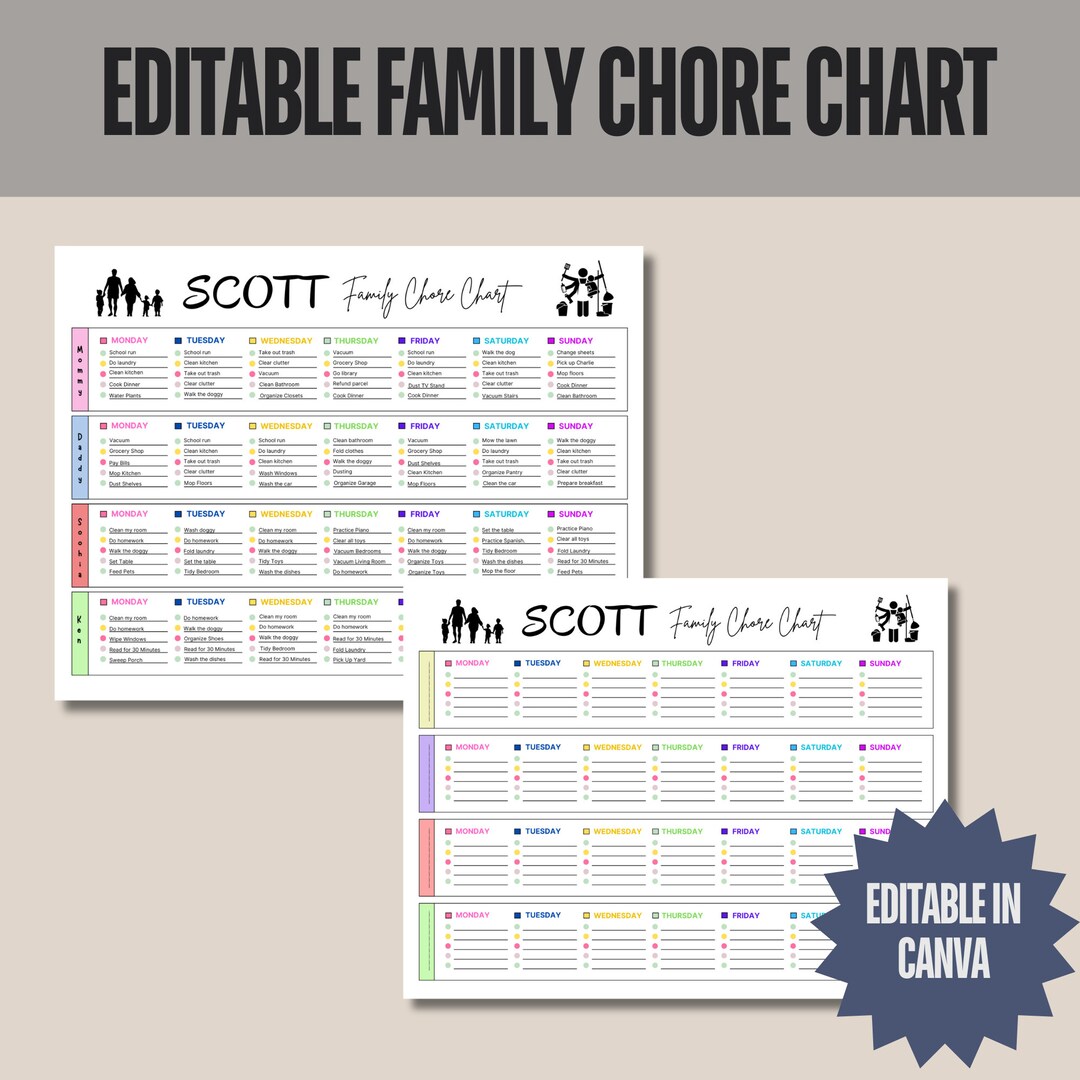 Editable Family Chore Chart, Family Planner Printable, Weekly Family ...