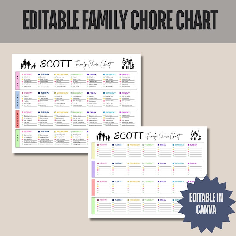 Editable Family Chore Chart, Family Planner Printable, Weekly Family ...