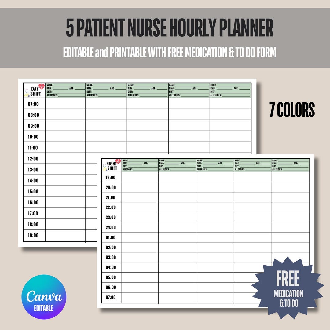 Hourly Nurse Shift Planner, Nurse Hourly To-do Planner, 5 Patient ...