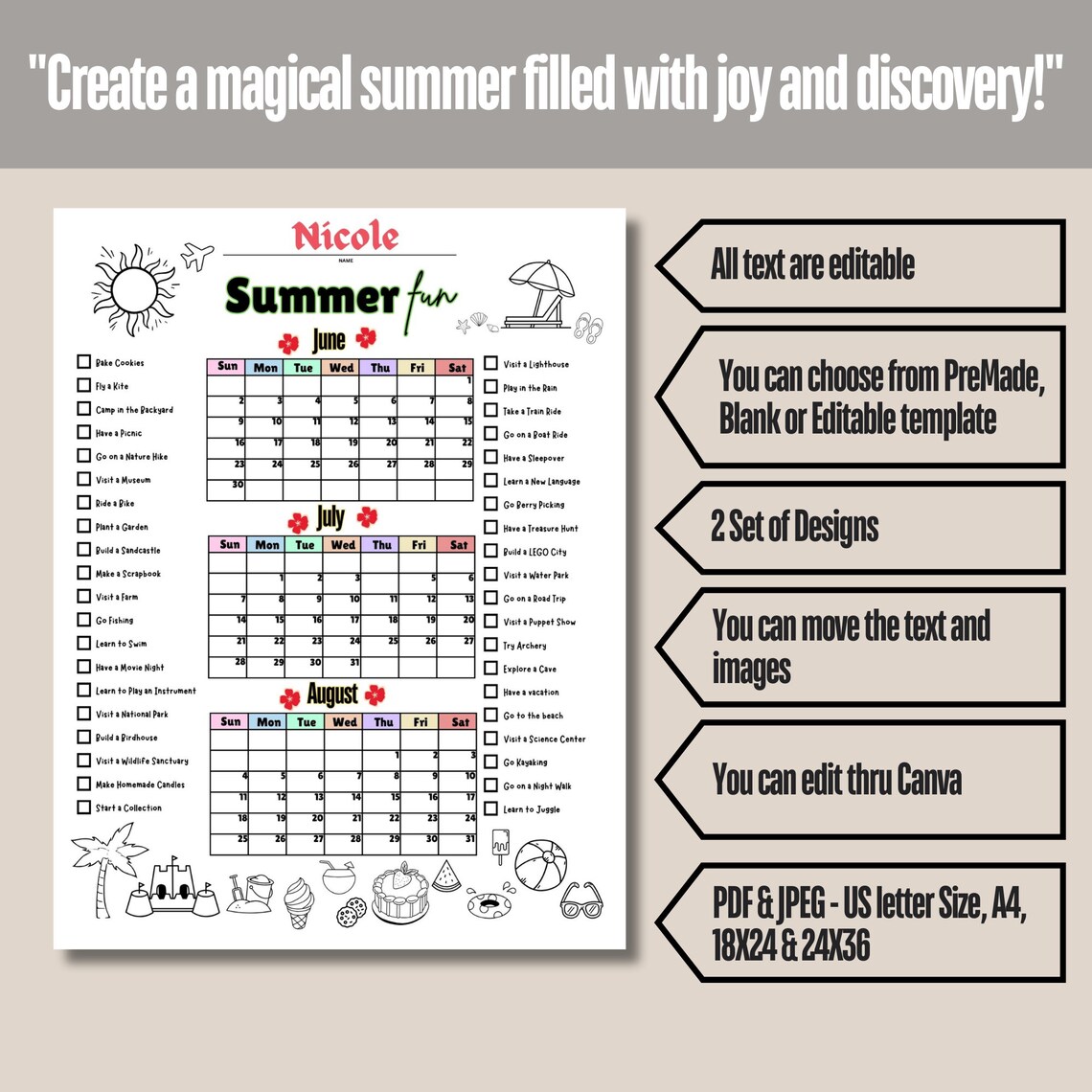 Editable Summer Bucket Lists, Summer Fun Bucket List, Family Planner ...