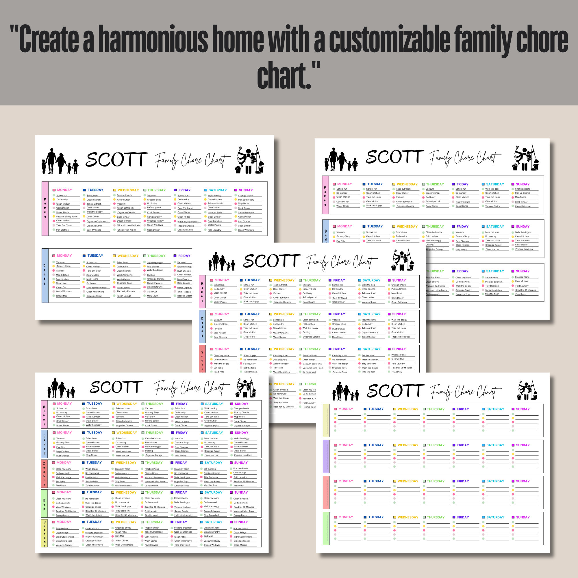 Editable Family Chore Chart, Family Planner Printable, Weekly Family ...