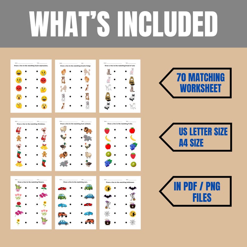 70 Printable Matching Worksheets, Match the Picture, 70 Matching ...