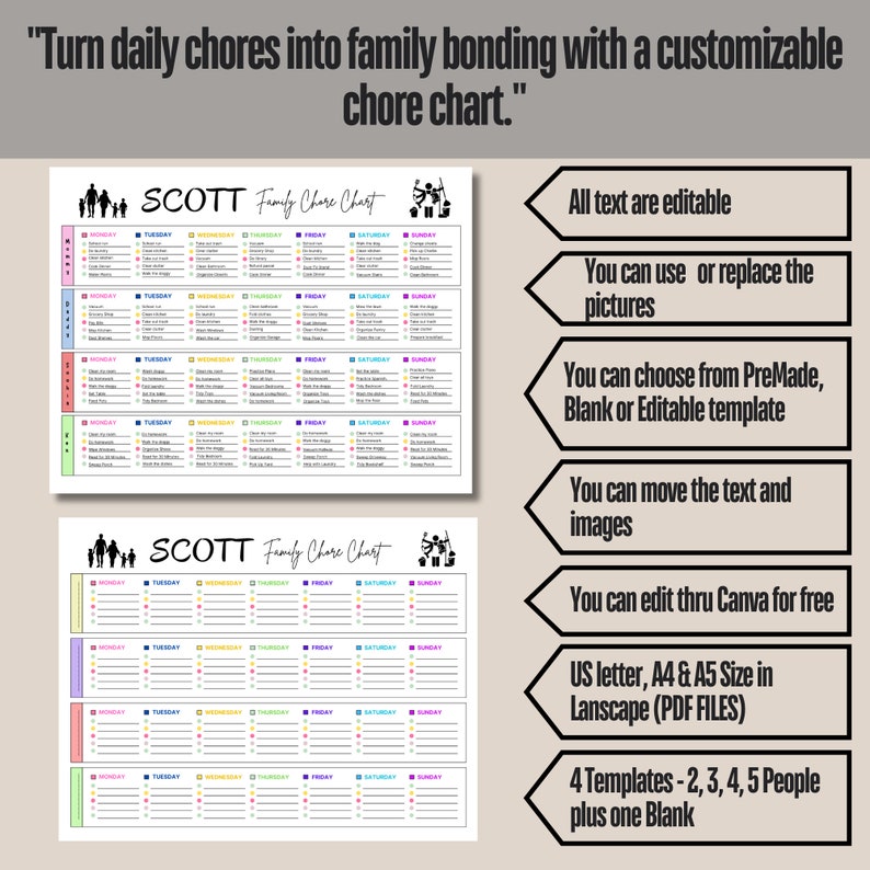 Editable Family Chore Chart, Family Planner Printable, Weekly Family ...