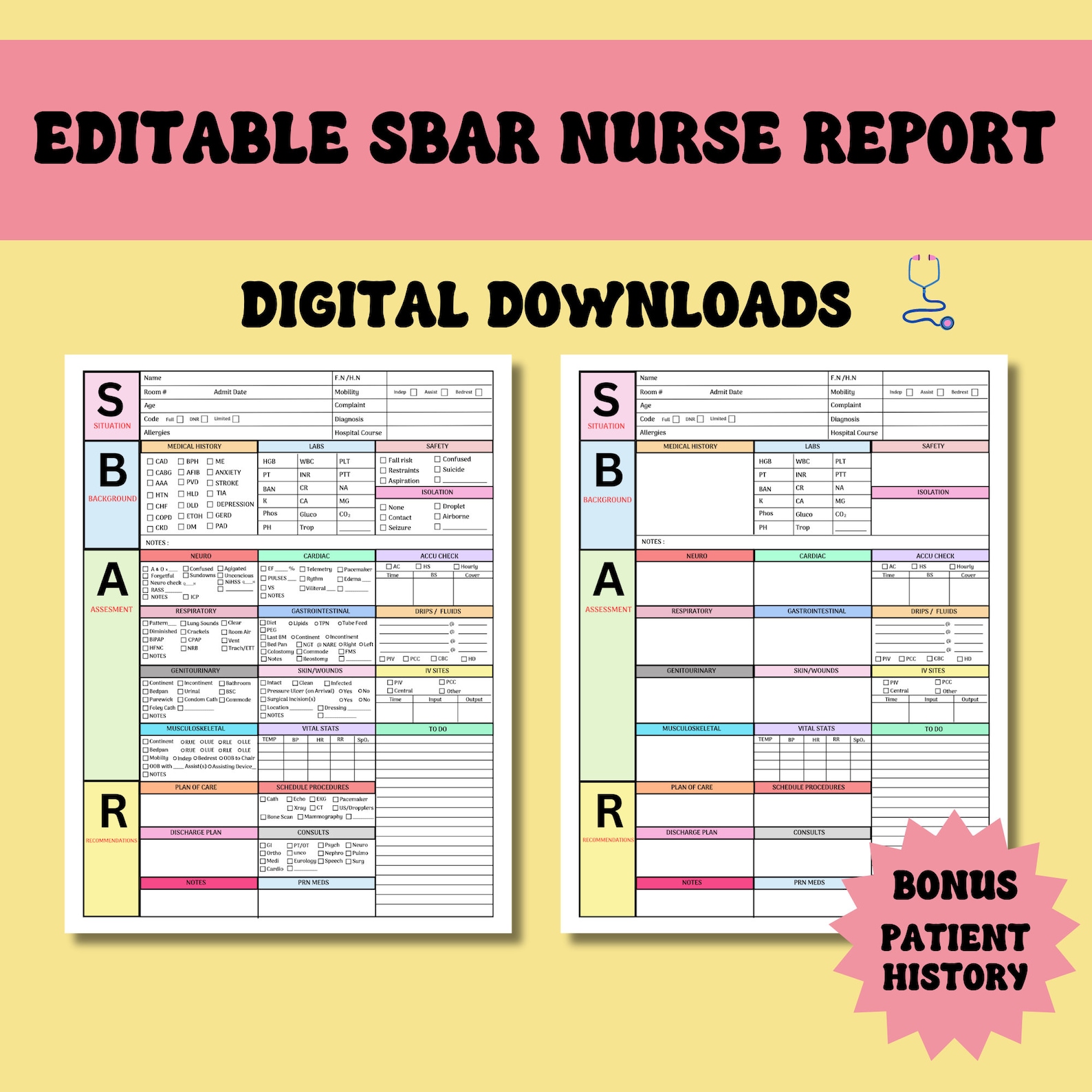SBAR Nurse Report Sheet, Editable Med Surg Nurse Brain ICU Report Sheet ...