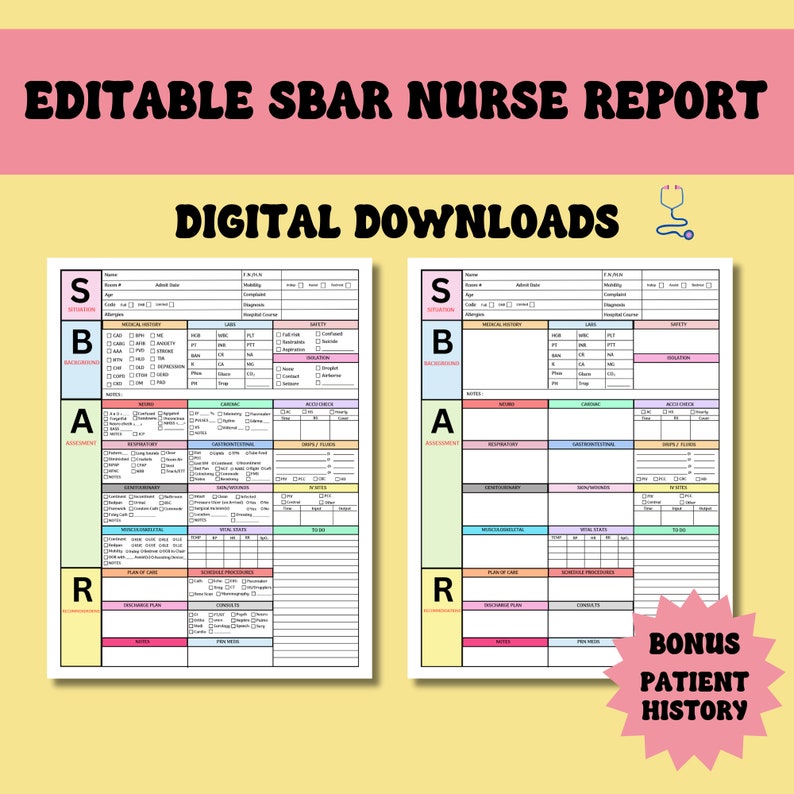SBAR Nurse Report Sheet, Editable Med Surg Nurse Brain ICU Report Sheet ...