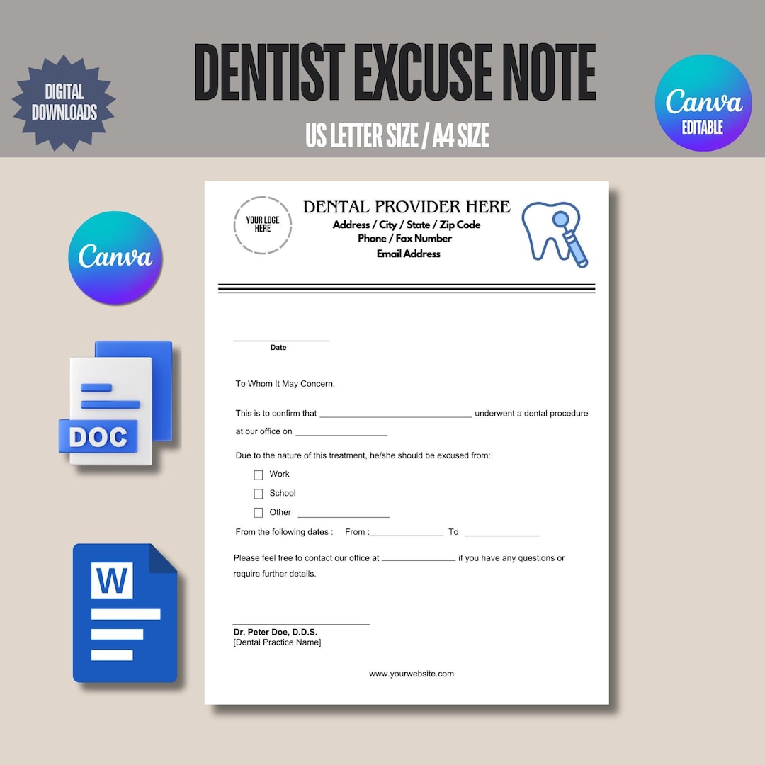 Editable Dentist Excuse Note, Dr Excuse Template, Doctor's Note for ...