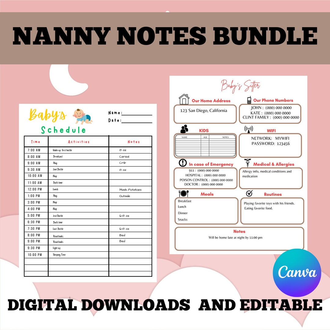 Editable Baby Schedule With Babysitting Notes, Childcare Organizer ...