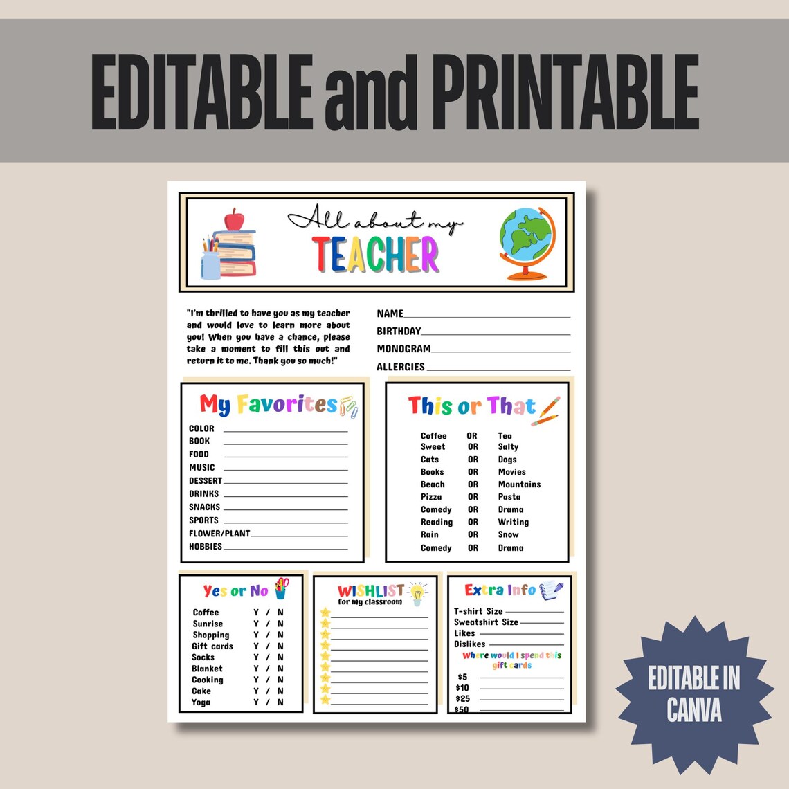 All About My Teacher Printable, Meet the Teacher Questionnaire, Back to ...