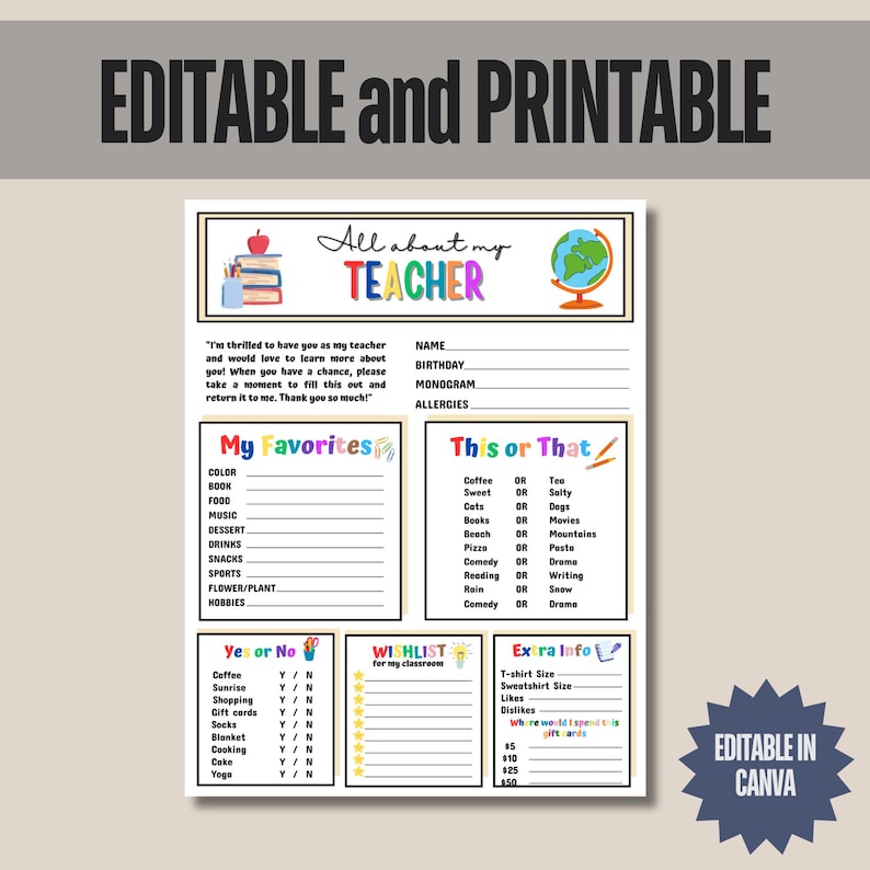All About My Teacher Printable, Meet the Teacher Questionnaire, Back to ...
