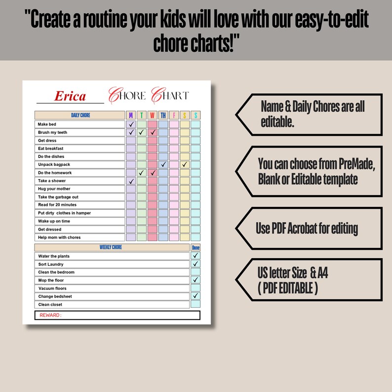 Editable Chore Chart for Kids, Kids Daily Weekly Responsibility Chart ...