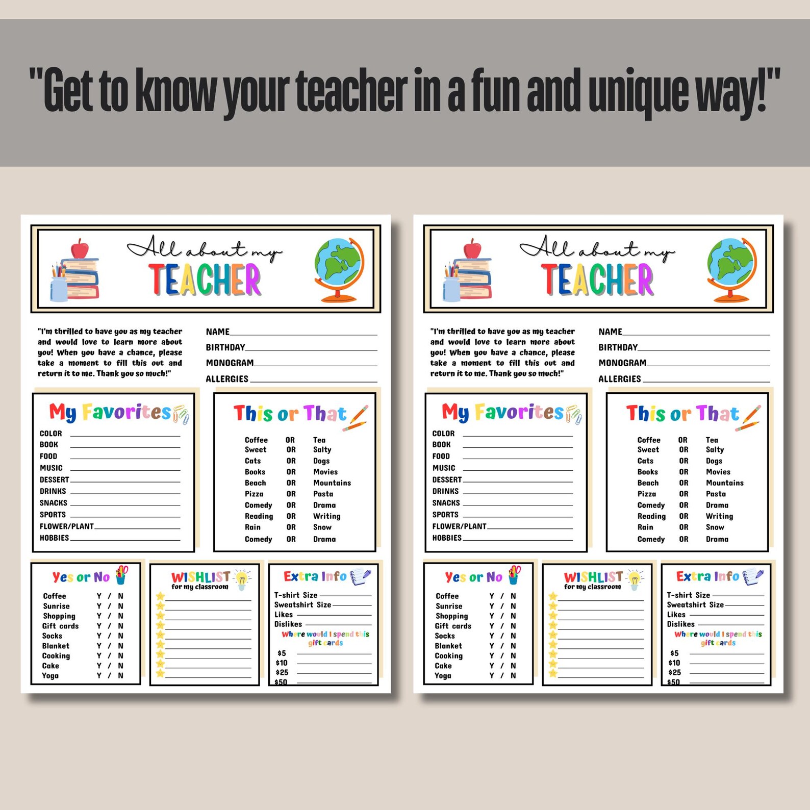 All About My Teacher Printable, Meet the Teacher Questionnaire, Back to ...