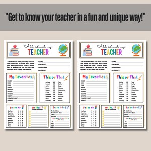 All About My Teacher Printable, Meet the Teacher Questionnaire, Back to ...