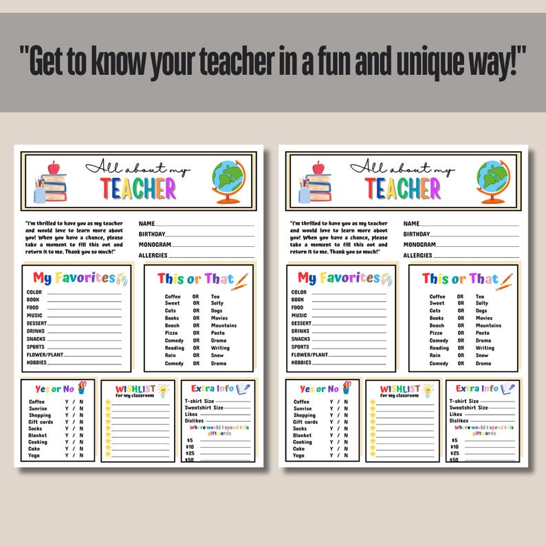 All About My Teacher Printable, Meet the Teacher Questionnaire, Back to ...