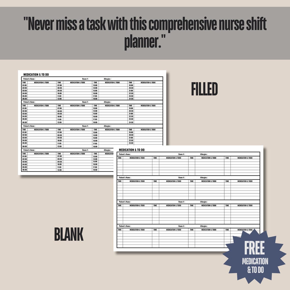 Hourly Nurse Shift Planner, Nurse Hourly To-do Planner, 4 Patient ...