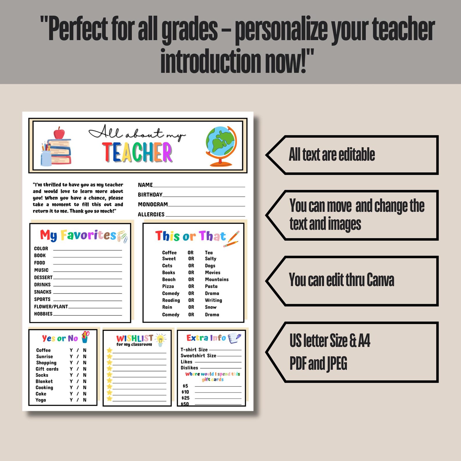 All About My Teacher Printable, Meet the Teacher Questionnaire, Back to ...