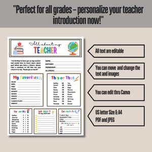 All About My Teacher Printable, Meet the Teacher Questionnaire, Back to ...