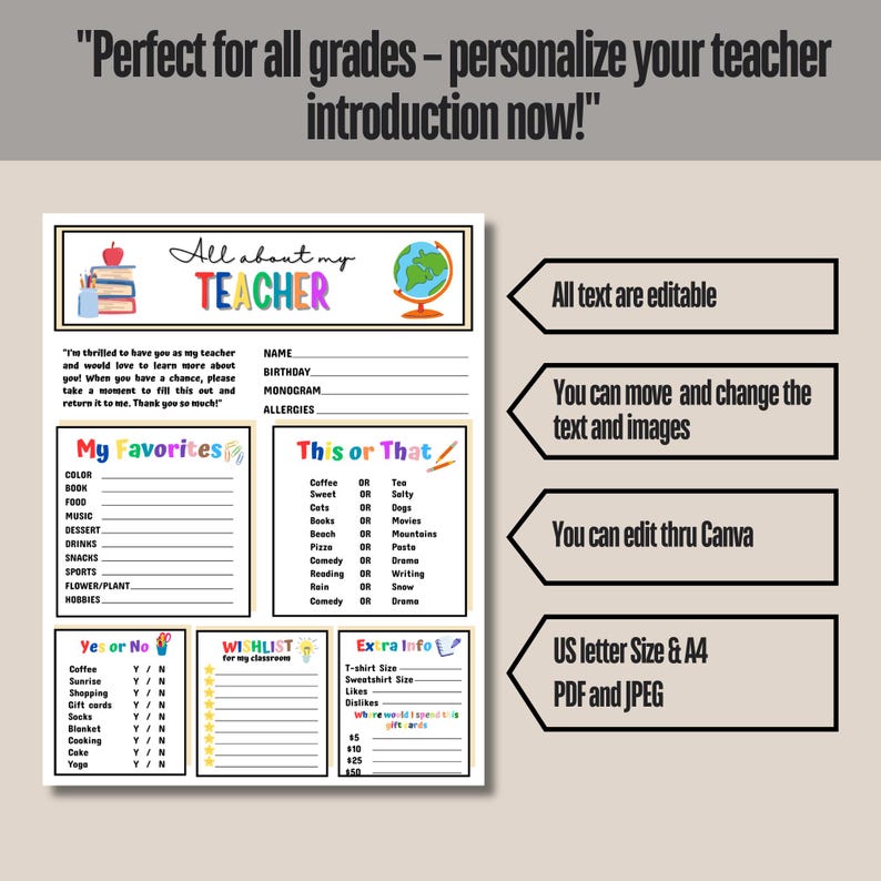 All About My Teacher Printable, Meet the Teacher Questionnaire, Back to ...