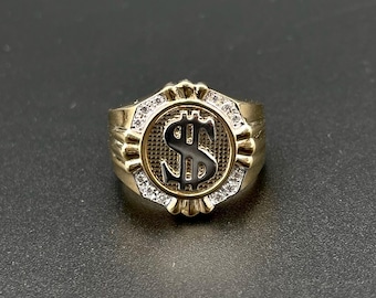 14K Solid Gold Dollar Sign Ring With Sparkling CZ Stones, Unique ...