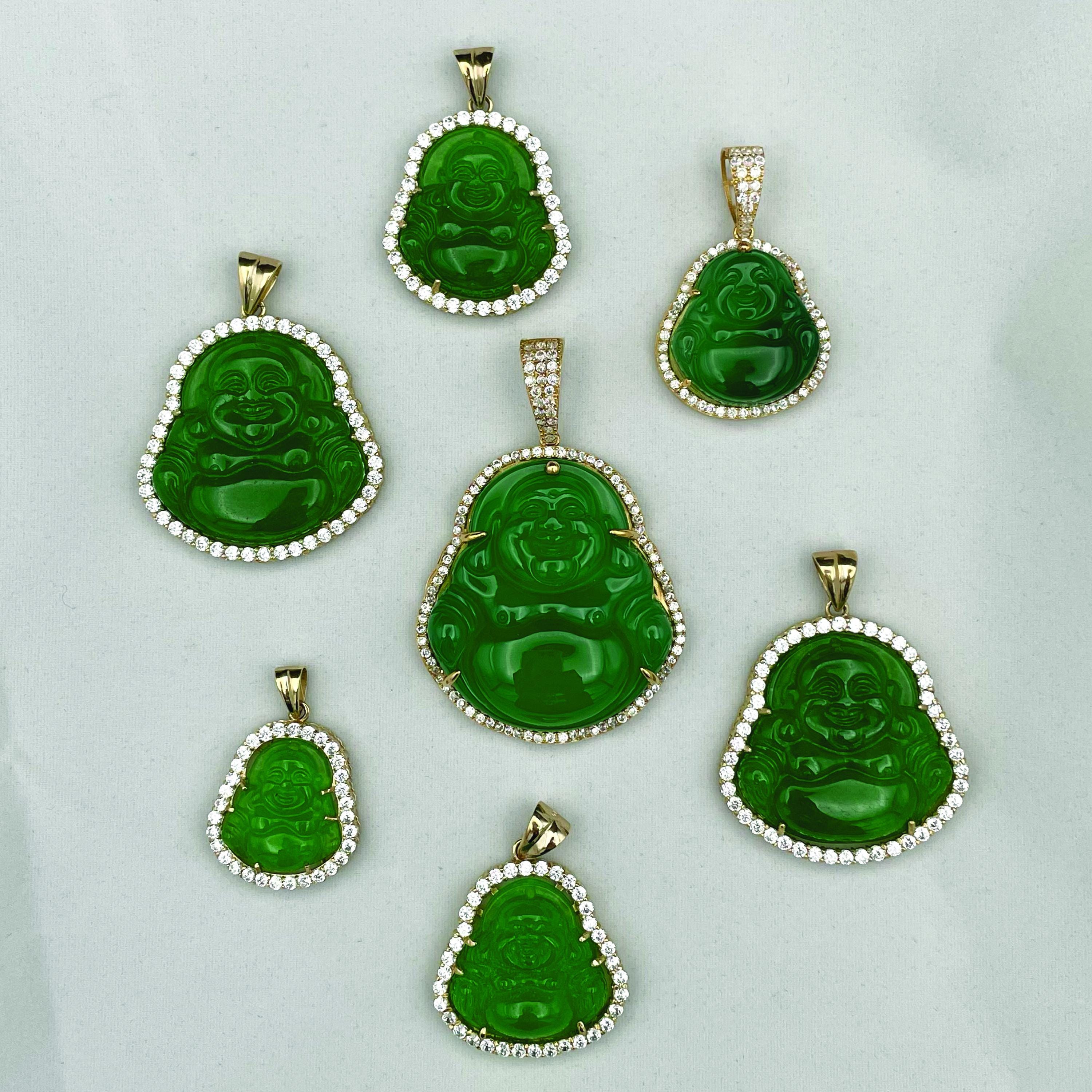 10k Gold Authentic Green Jade Laughing Buddha Pendant, Jade Charm With ...