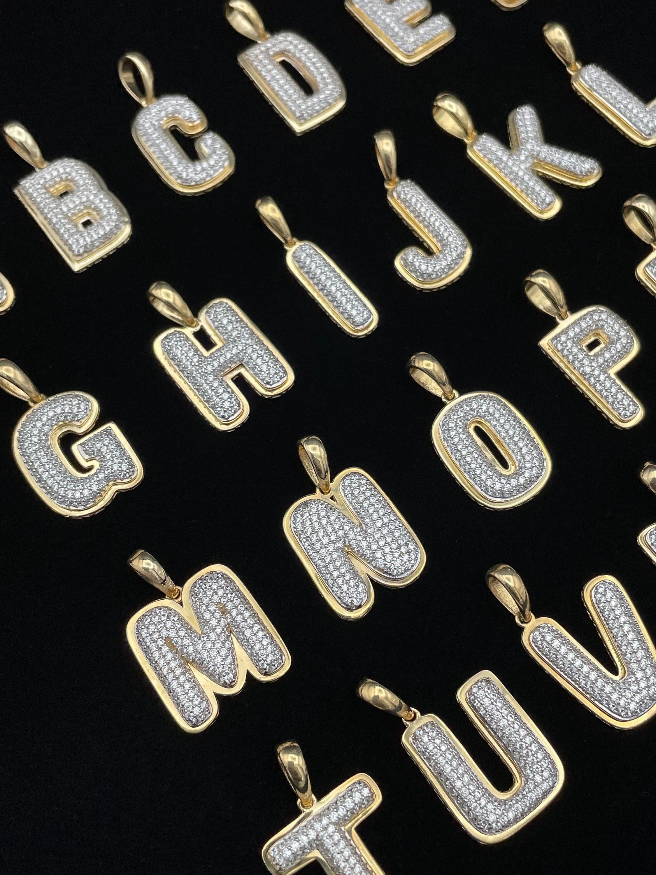10K Gold Iced Out Initial Alphabet Pendant With CZ / 3D Chunky Initial ...