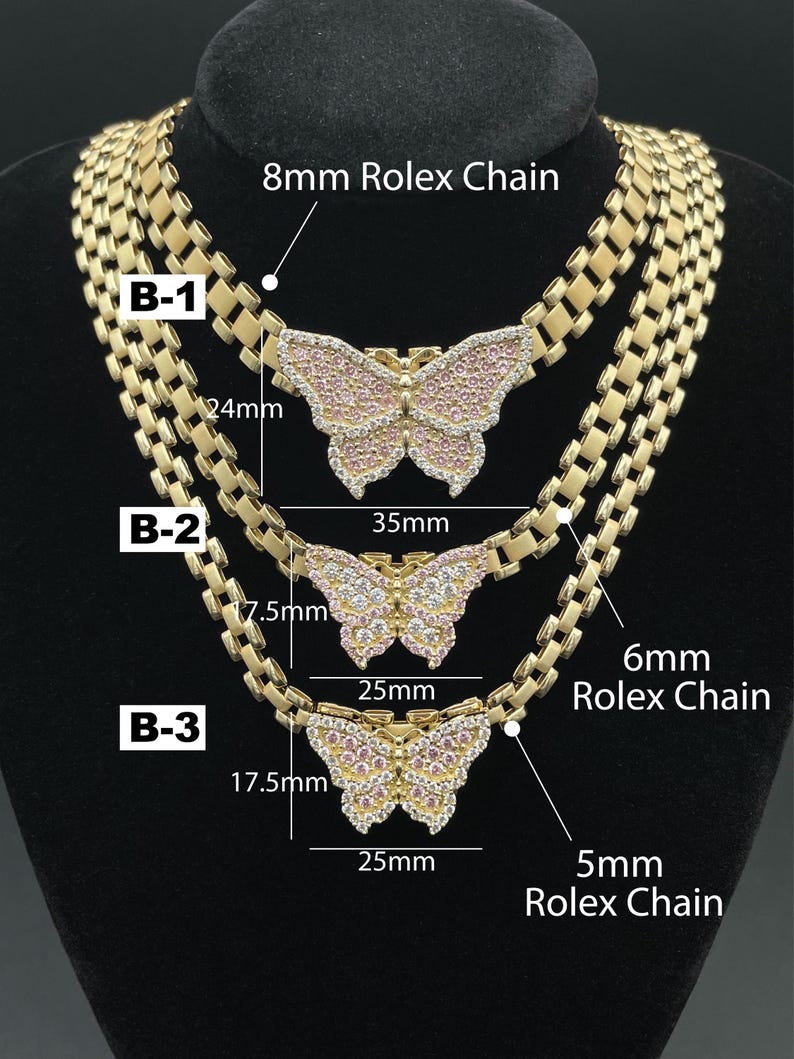 10k Gold Rolex Butterfly and Heart Pendant With CZ / Rolex Chain ...