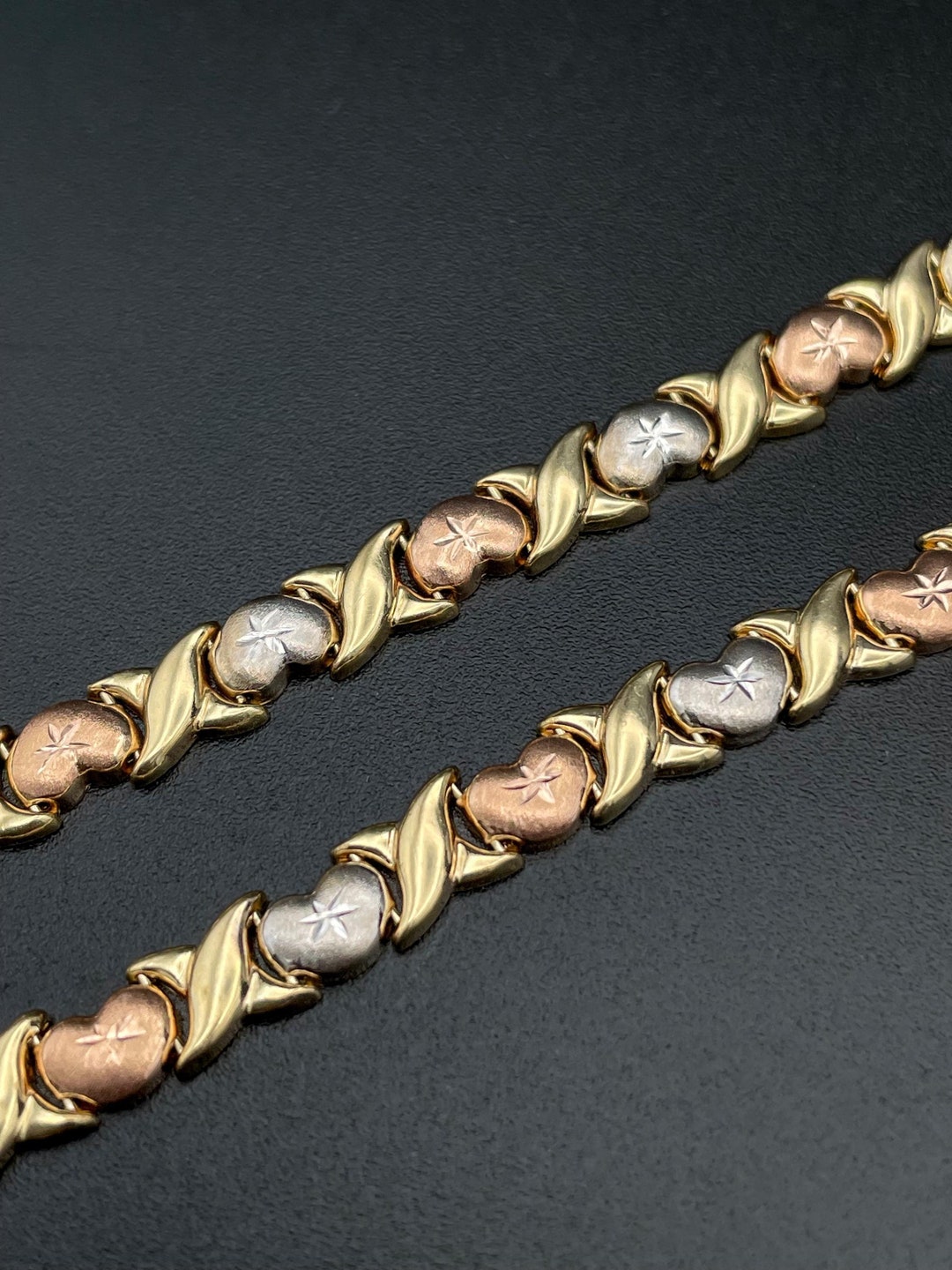 10k Tri-color Gold Heart and Kisses Necklace With Diamond-cut Finish ...