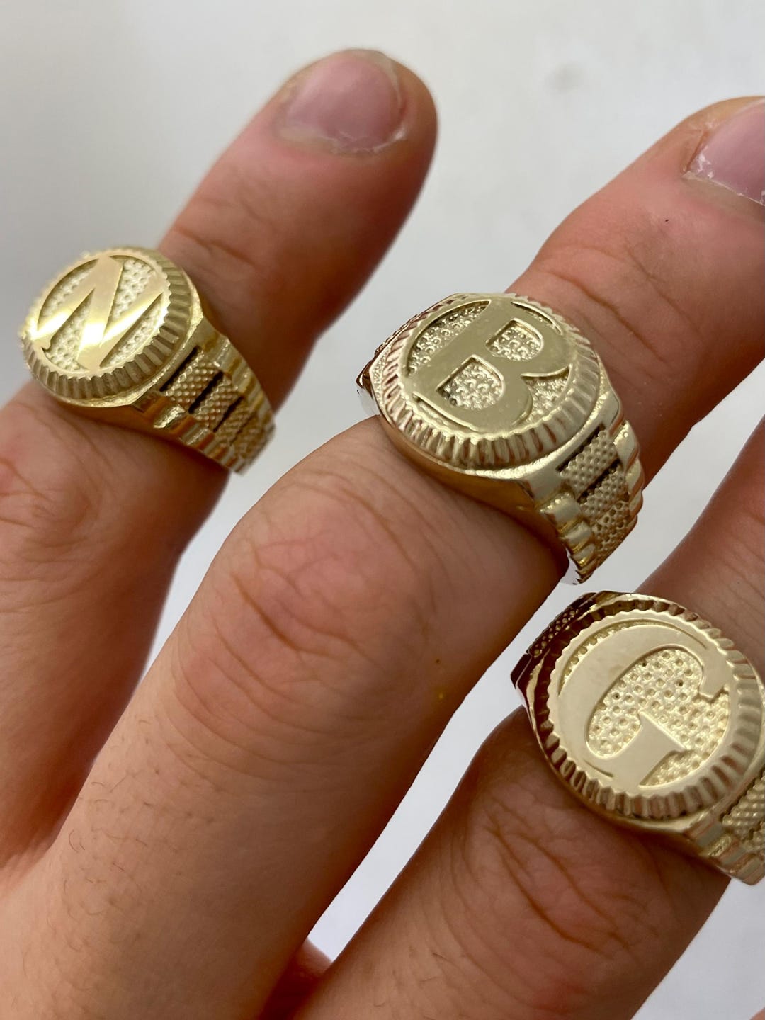 10k Gold Big Initial Ring With Presidential Rolex Style Band Jubilee - Etsy