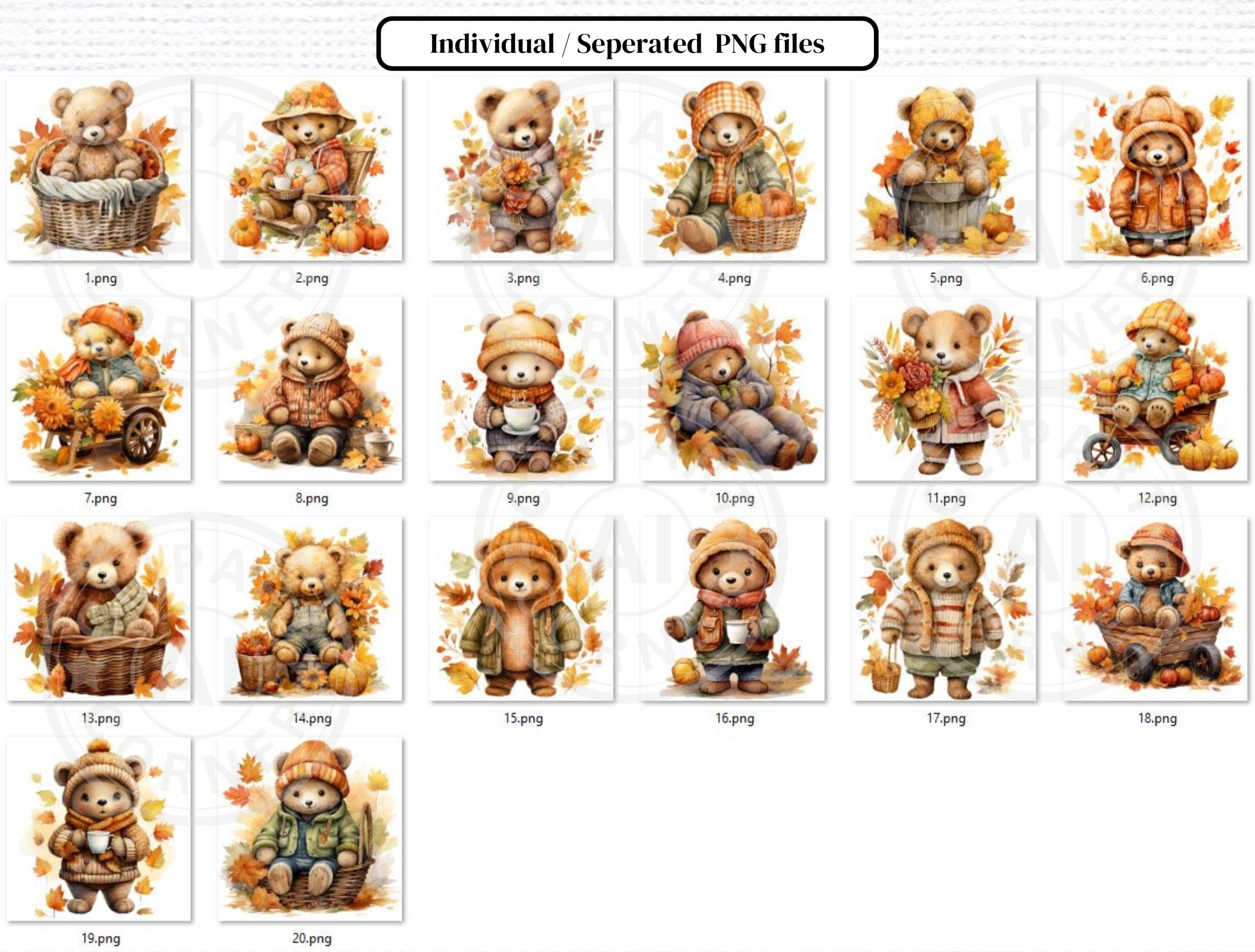 Autumn Teddy Bear Watercolor Clipart Bundle (PNG Digital Download) - Etsy