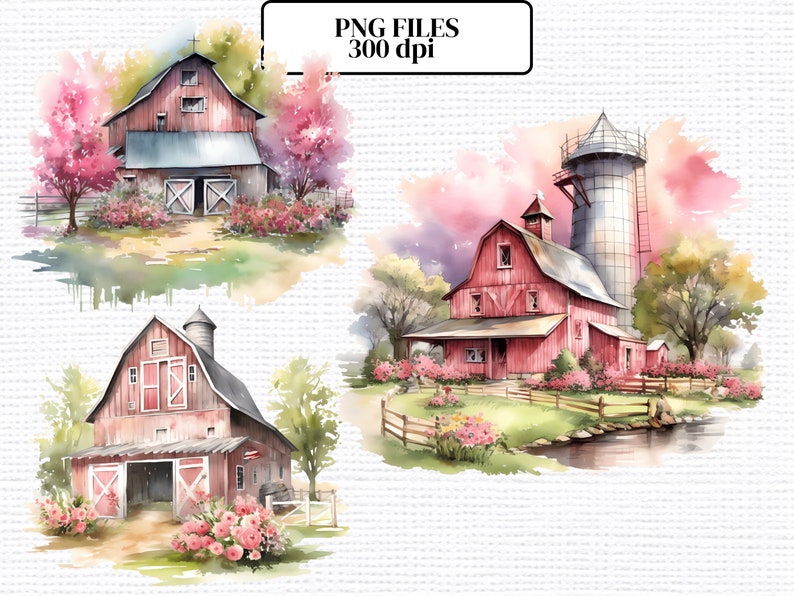 20 Pink Farm Barn Watercolor Clipart Bundle PNG Farmhouse - Etsy