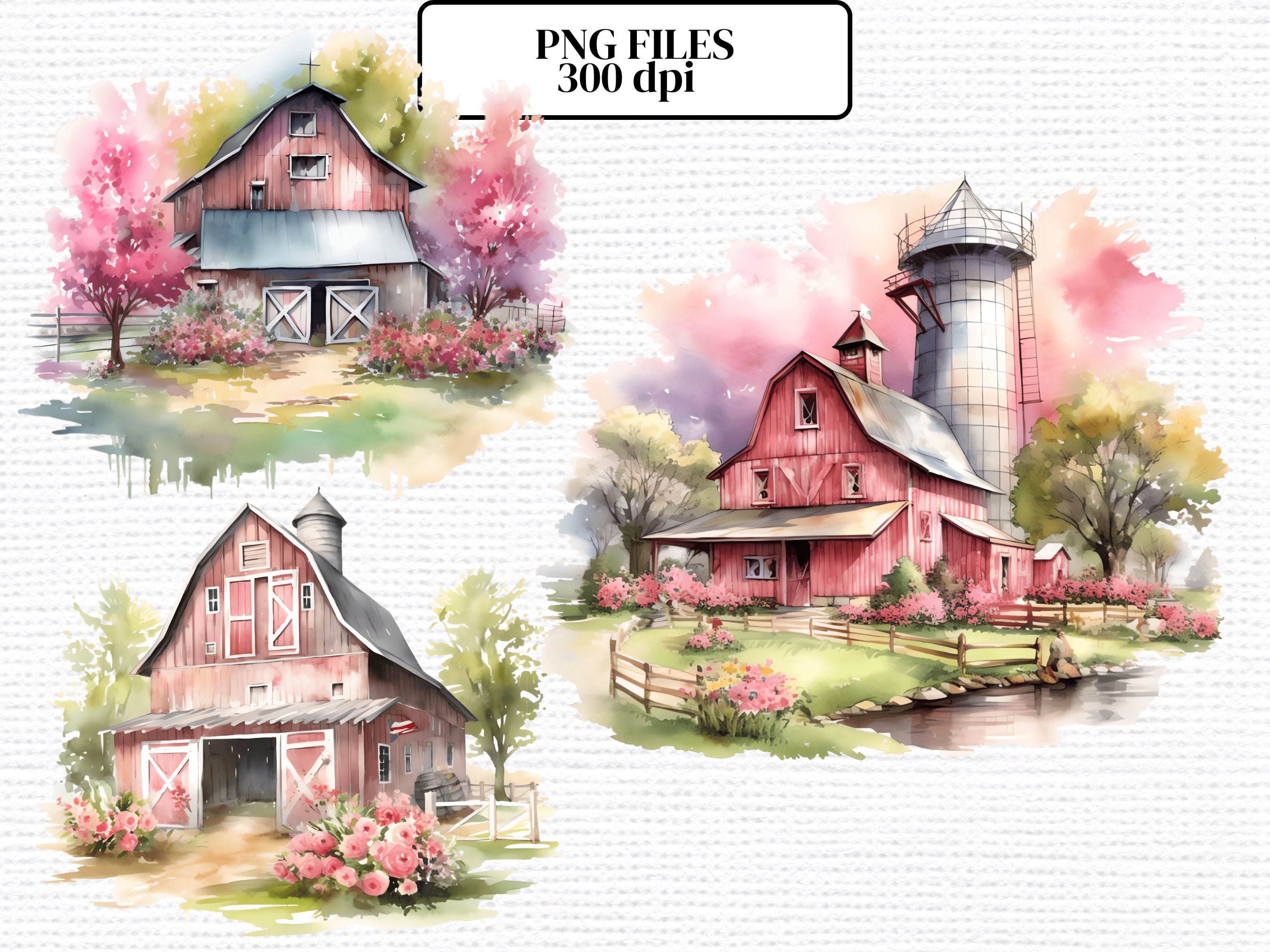 20 Pink Farm Barn Watercolor Clipart Bundle PNG Farmhouse - Etsy
