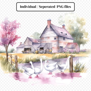 Pink Farm Barn Watercolor Clipart Bundle: Commercial Use (PNG, Instant ...