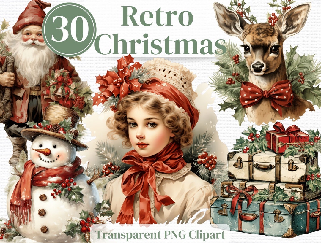 Retro Christmas Clipart: Vintage Santa, Watercolor Winter PNG Bundle ...