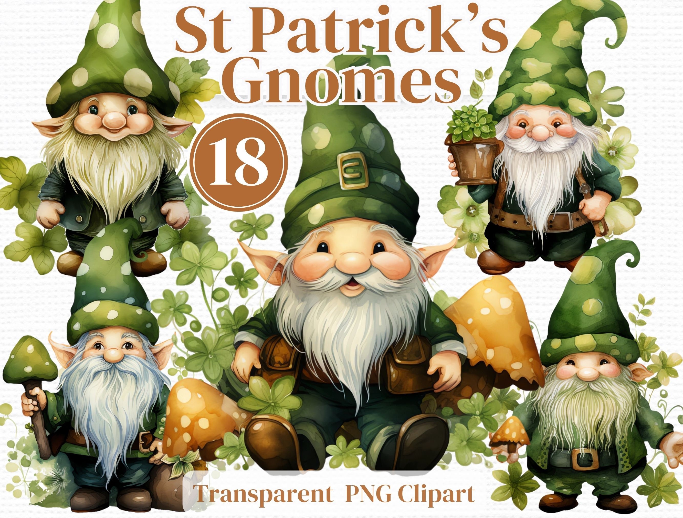 St Patricks Day Gnomes Watercolor Clipart Bundle (PNG Digital Download ...