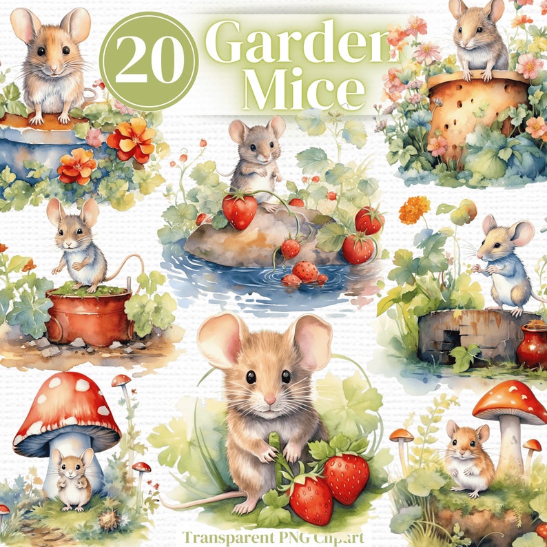 Cute Garden Mice Png Watercolor Clipart Sweet Floral Mouse - Etsy