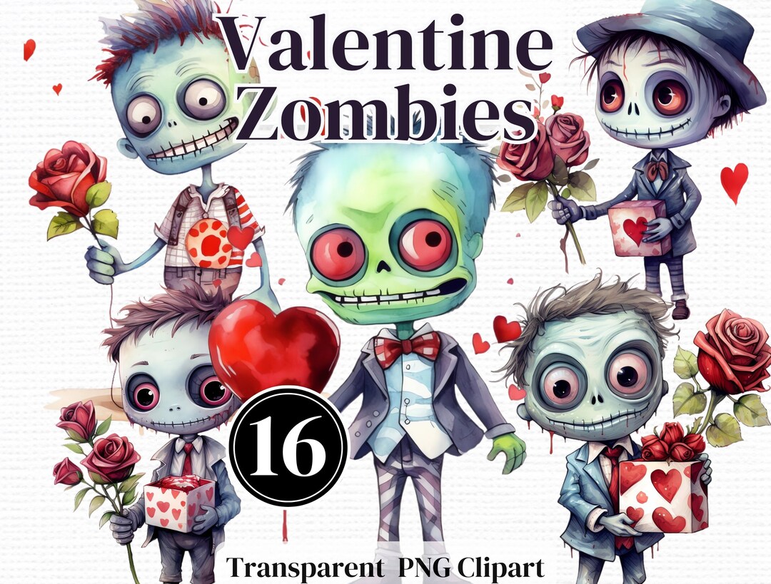 Cute Valentines Zombie Png Clipart - Watercolor Romantic Bundle ...