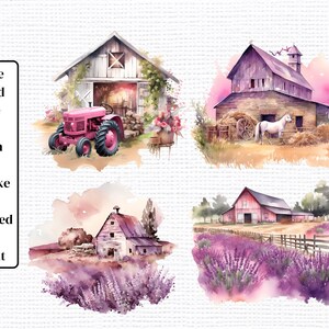 20 Pink Farm Barn Watercolor Clipart Bundle PNG, Farmhouse Clipart ...