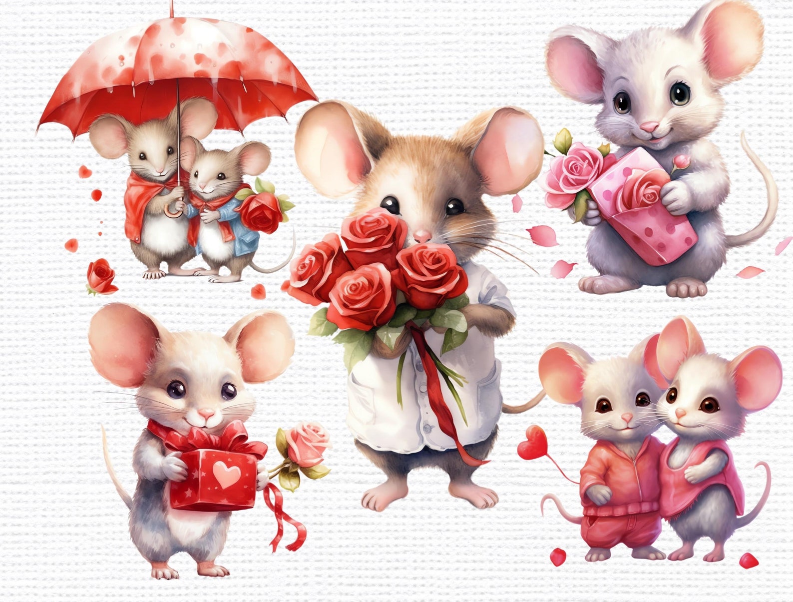 Cute Valentines Mice Png Clipart Graphics - Adorable Watercolor Rodents ...