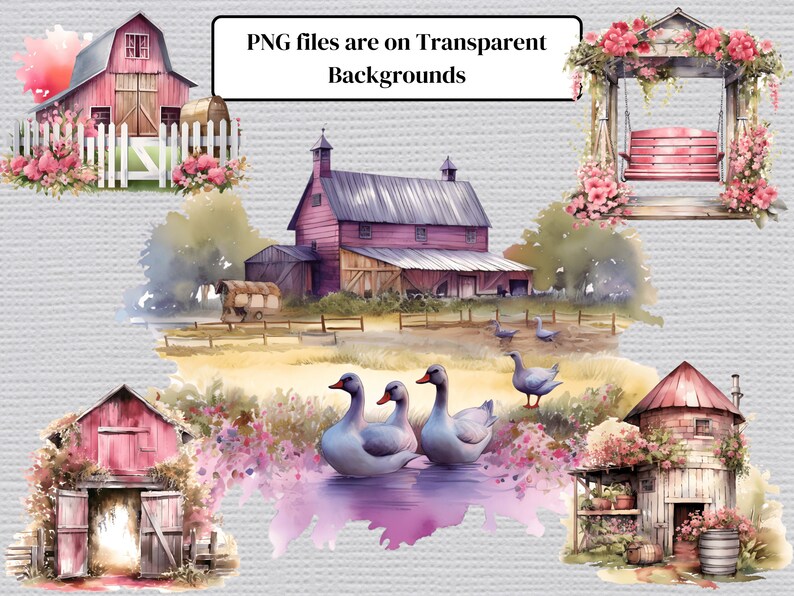 20 Pink Farm Barn Watercolor Clipart Bundle PNG Farmhouse - Etsy
