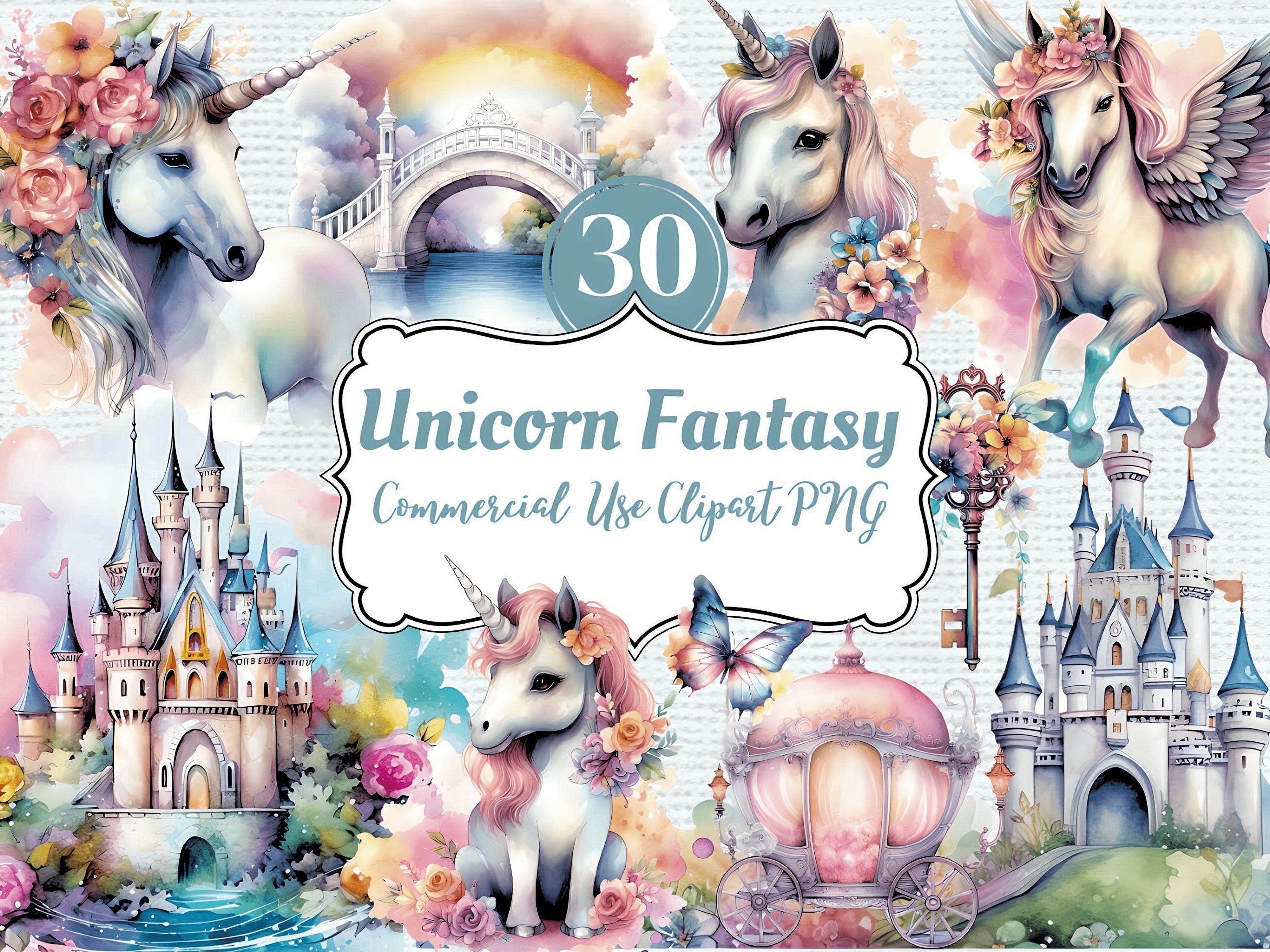30 Rainbow Unicorn Fantasy -watercolor Clipart Bundle PNG Pack ...
